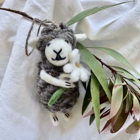 Sheep Hanging Decoration with Flower Detail/ Cream or Natural Wool ...